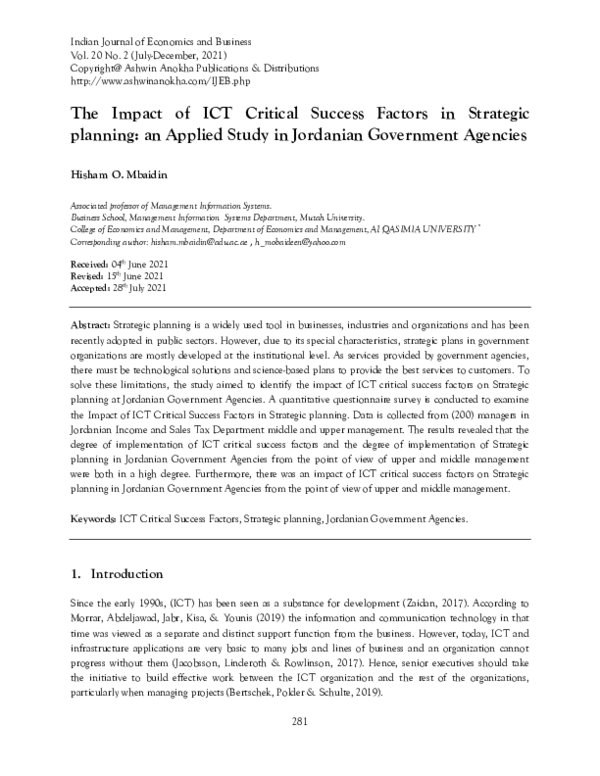 (PDF) The Impact of ICT Critical Success Factors in Strategic planning: an Applied Study in ...