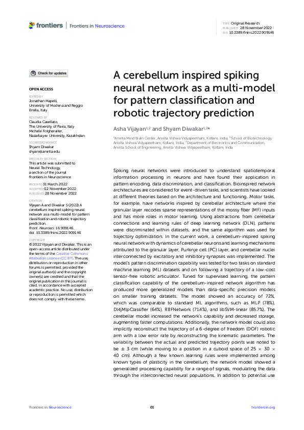 (PDF) A cerebellum inspired spiking neural network as a multi-model for pattern classification ...