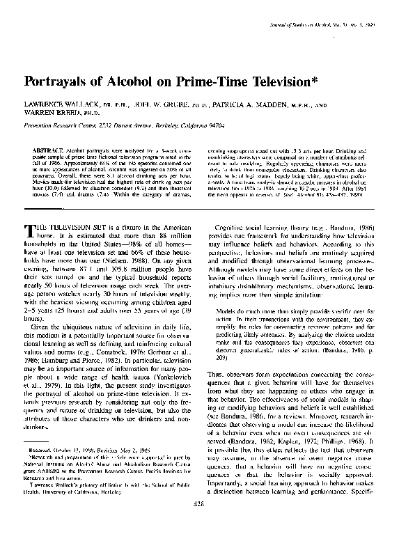 (PDF) Portrayals of alcohol on prime-time television