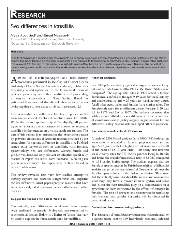 Pdf Sex Differences In Tonsillitis