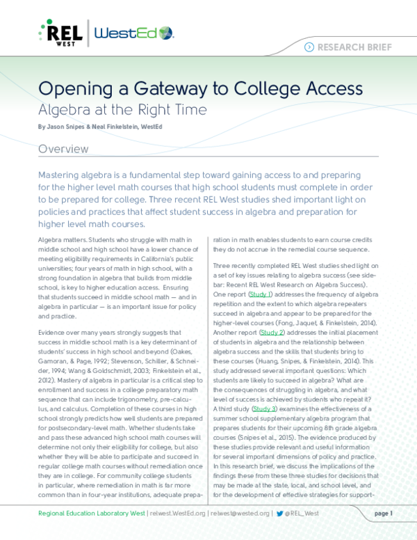 (PDF) Opening a Gateway to College Access: Algebra at the Right Time ...