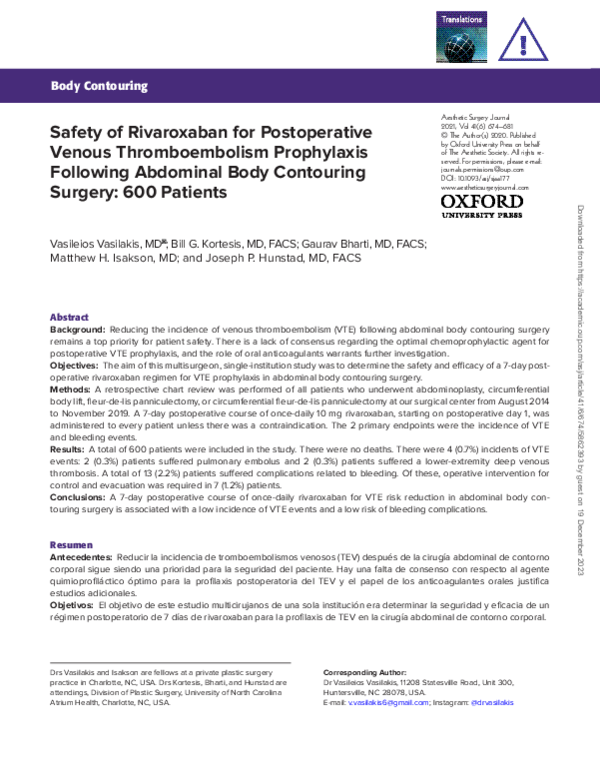 (PDF) Safety of Rivaroxaban for Postoperative Venous Thromboembolism Prophylaxis Following ...