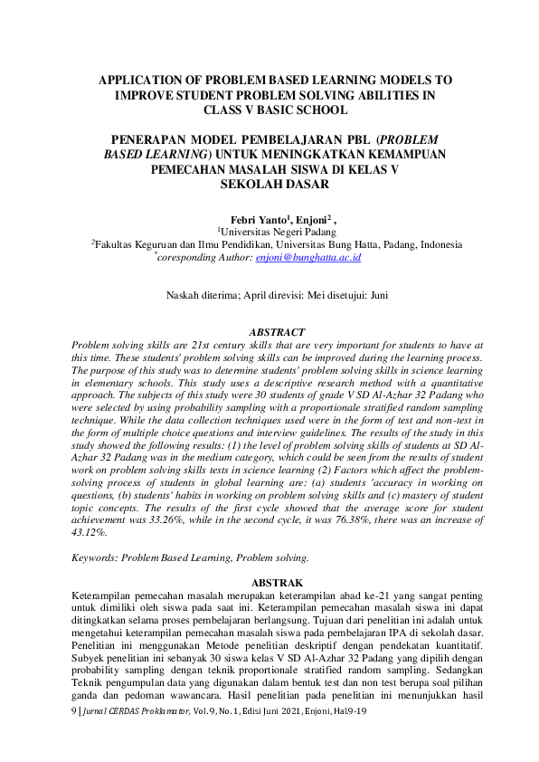 (PDF) Penerapan Model Pembelajaran PBL (Problem Based Learning) Untuk Meningkatkan Kemampuan ...