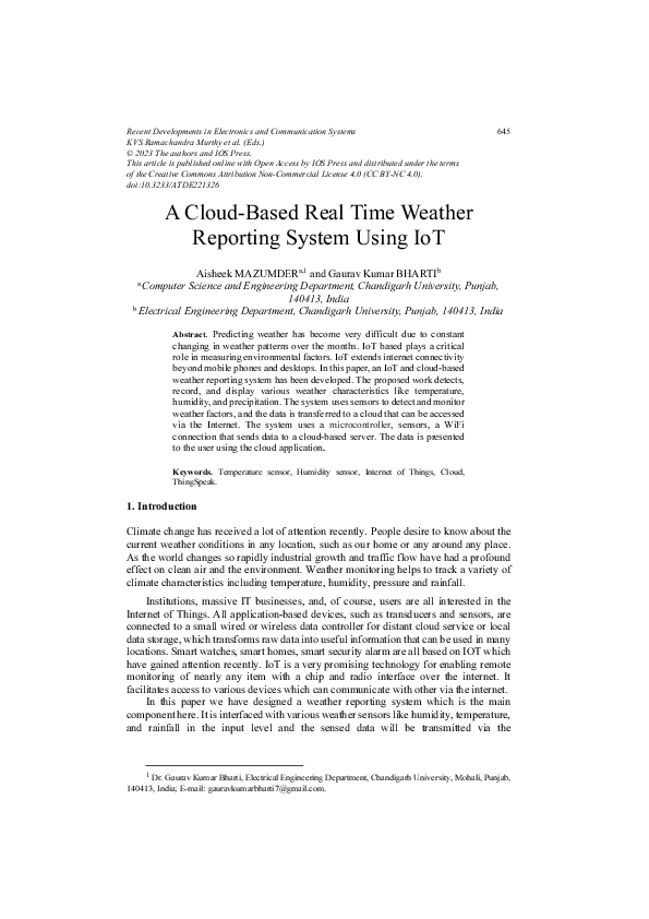 (PDF) A Cloud-Based Real Time Weather Reporting System Using IoT