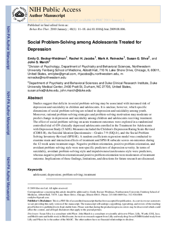 (PDF) Social problem-solving among adolescents treated for depression