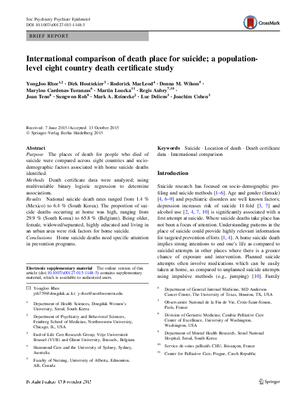 (PDF) International comparison of death place for suicide; a population ...