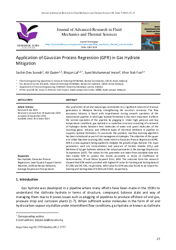 (PDF) Application of Gaussian Process Regression (GPR) in Gas Hydrate Mitigation