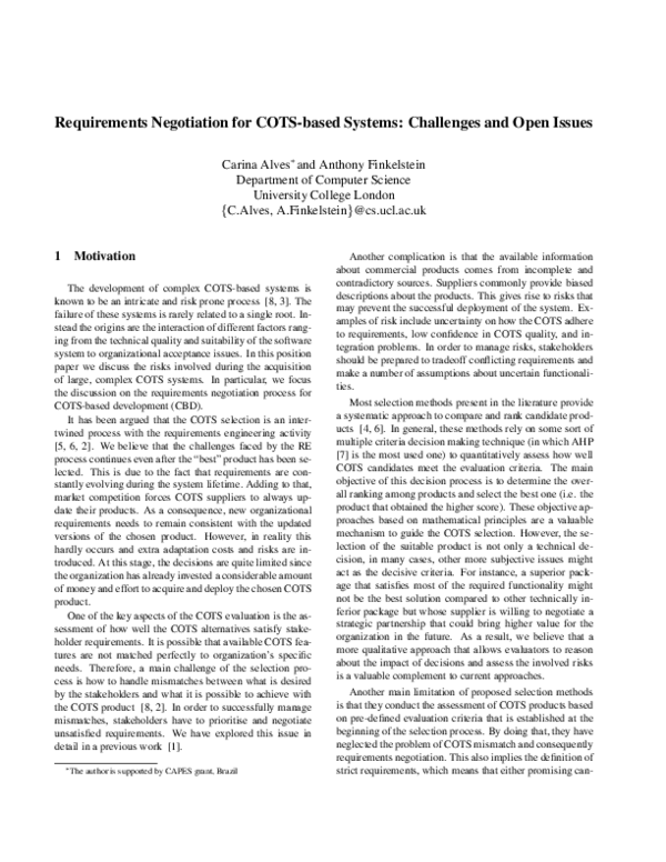 (PDF) Requirements Negotiation for COTS-based Systems: Challenges and Open Issues