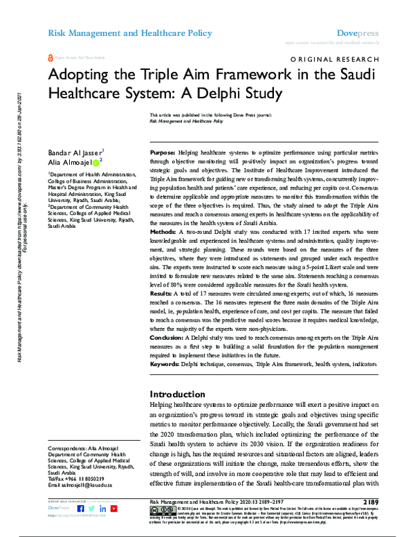 (PDF) Adopting the Triple Aim Framework in the Saudi Healthcare System ...