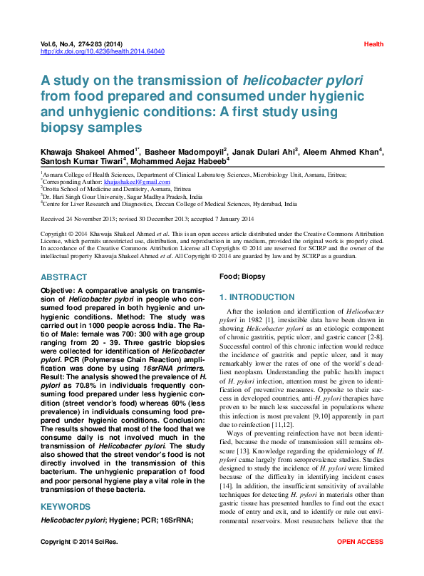 (PDF) A study on the transmission of helicobacter pylori from food ...