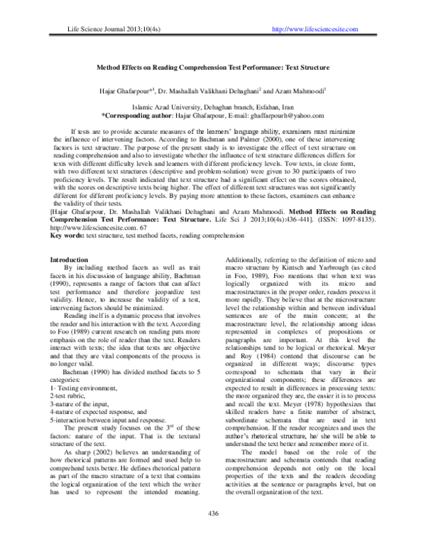 Pdf Method Effects On Reading Comprehension Test Performance Text Structure