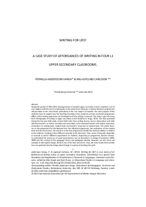 (PDF) Writing for life? A case study of affordances of writing in four L1 upper secondary classrooms