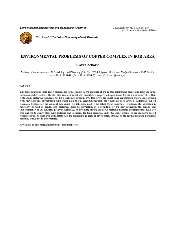 (PDF) Environmental Problems of Copper Complex in Bor Area