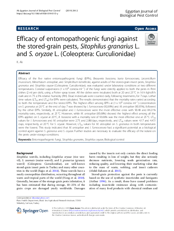(PDF) Efficacy of entomopathogenic fungi against the stored-grain pests, Sitophilus granarius L ...
