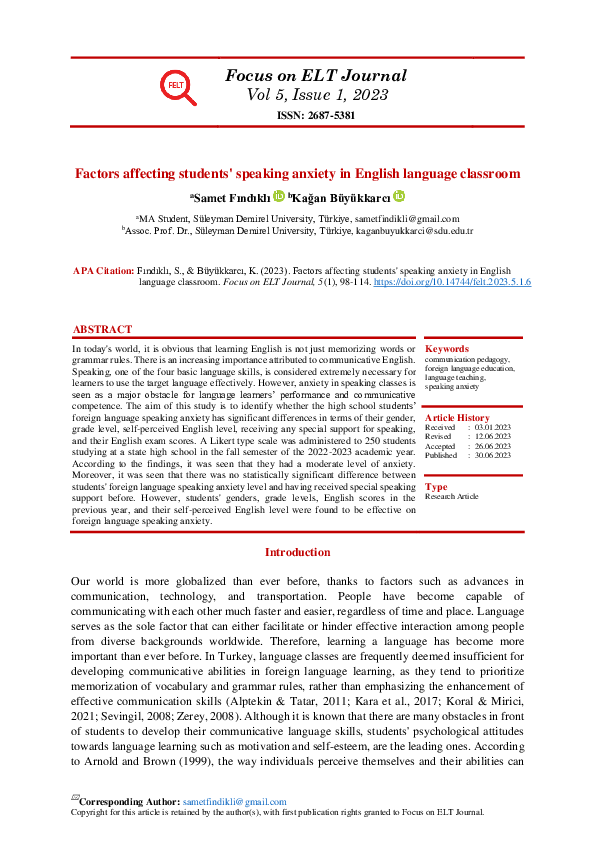 (PDF) Factors affecting students' speaking anxiety in English language classroom