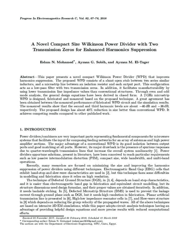 (PDF) A Novel Compact Size Wilkinson Power Divider with Two ...