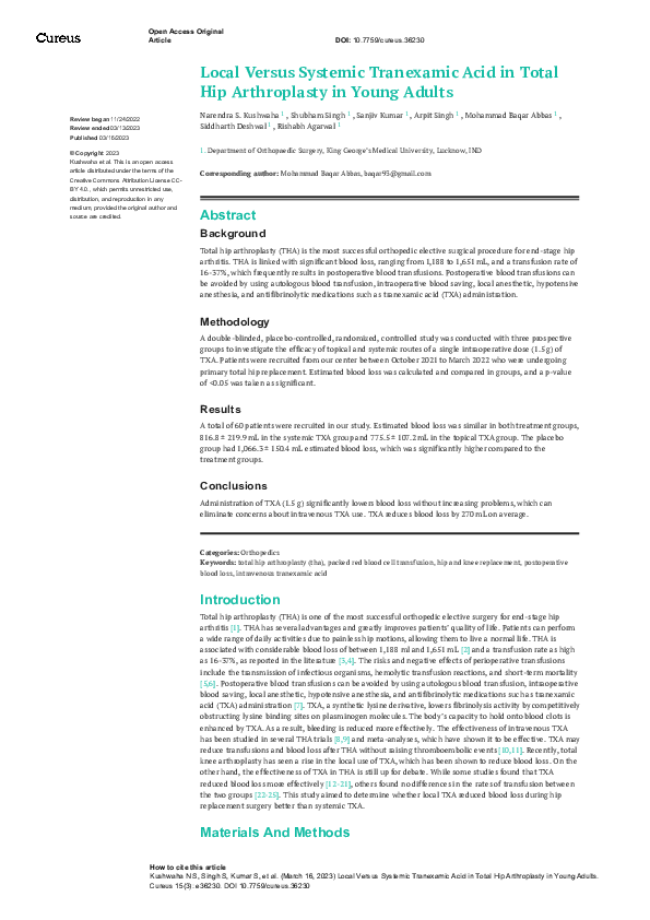 (PDF) Local Versus Systemic Tranexamic Acid in Total Hip Arthroplasty ...