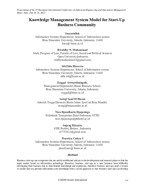 (PDF) Knowledge Management System Model for Start-Up Business Community