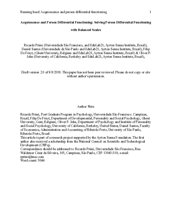 (PDF) Acquiescence and Person Differential Functioning: Solving Person ...