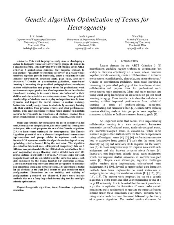 (PDF) Genetic Algorithm Optimization of Teams for Heterogeneity