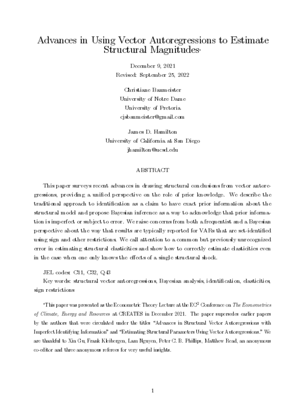 (PDF) Advances in Using Vector Autoregressions to Estimate Structural Magnitudes