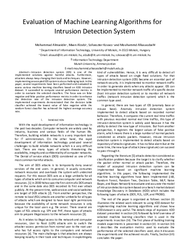 (PDF) Evaluation of Machine Learning Algorithms for Intrusion Detection ...