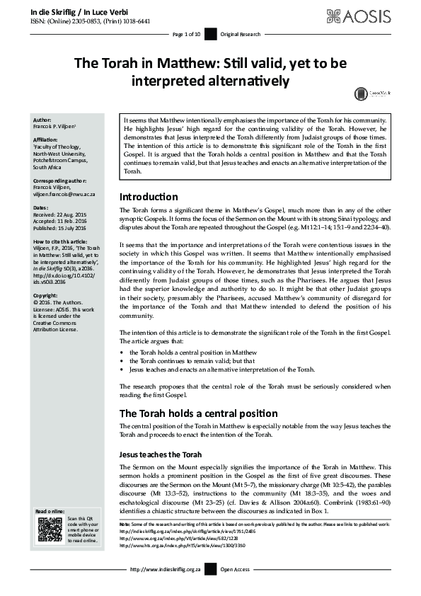 (PDF) The Torah in Matthew: Still valid, yet to be interpreted ...