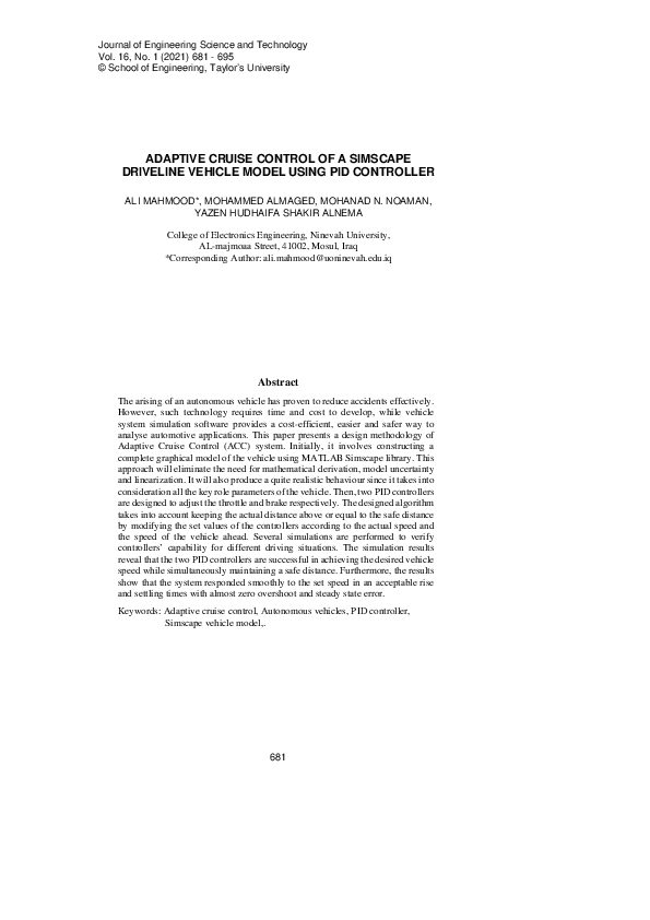 (PDF) Adaptive Cruise Control of A Simscape Driveline Vehicle Model ...