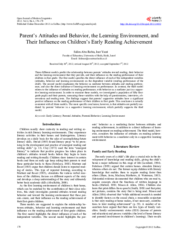 (PDF) Parent’s Attitudes and Behavior, the Learning Environment, and Their Influence on Children ...