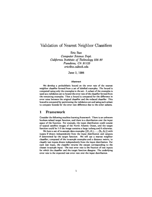 (PDF) Validation of nearest neighbor classifiers