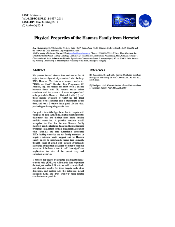 (PDF) Physical Properties of the Haumea Family from Herschel