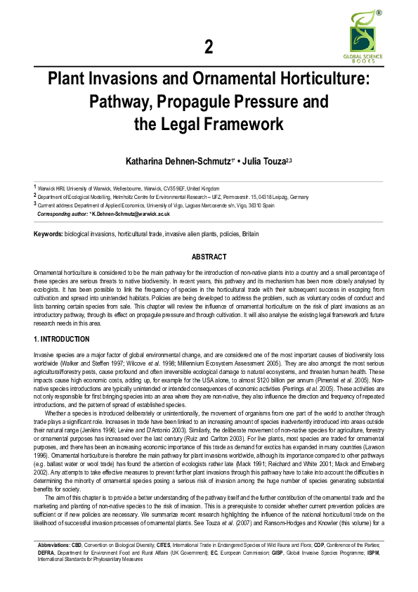 (PDF) Plant Invasions and Ornamental Horticulture: Pathway, Propagule Pressure and the Legal ...
