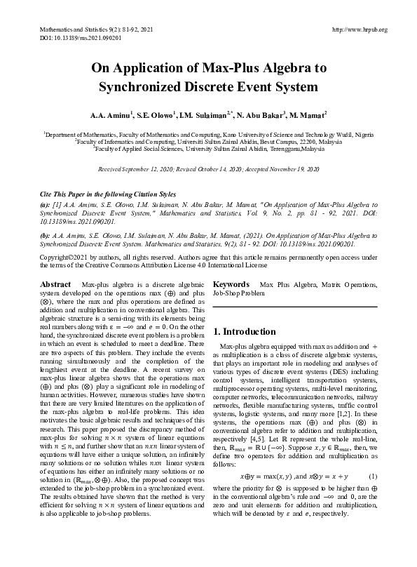 (PDF) On Application of Max-Plus Algebra to Synchronized Discrete Event ...