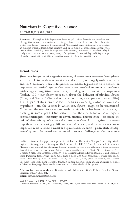 (PDF) Nativism in Cognitive Science