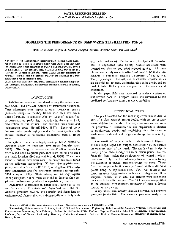 (PDF) Modeling the Performance of Deep Waste Stabilization Ponds