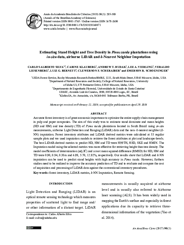 (PDF) Estimating Stand Height and Tree Density in Pinus taeda plantations using in-situ data ...