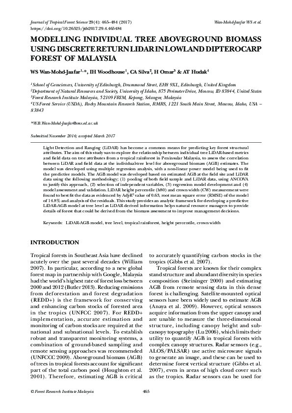 (PDF) Modelling individual tree aboveground biomass using discrete return LiDAR in lowland ...