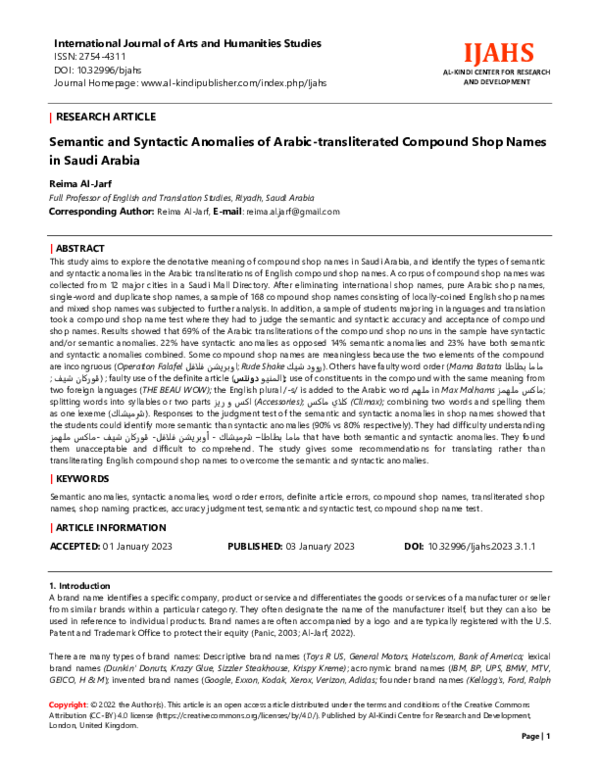(PDF) Semantic and Syntactic Anomalies of Arabic-transliterated ...