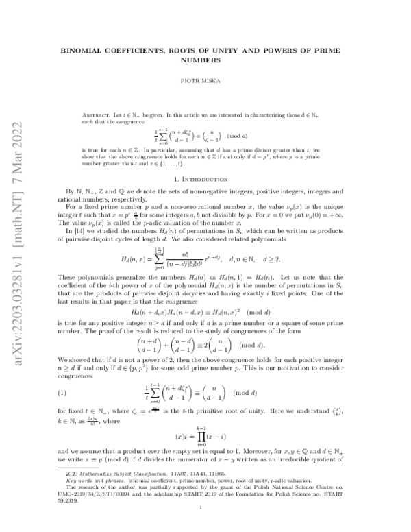 (PDF) Binomial coefficients, roots of unity and powers of prime numbers