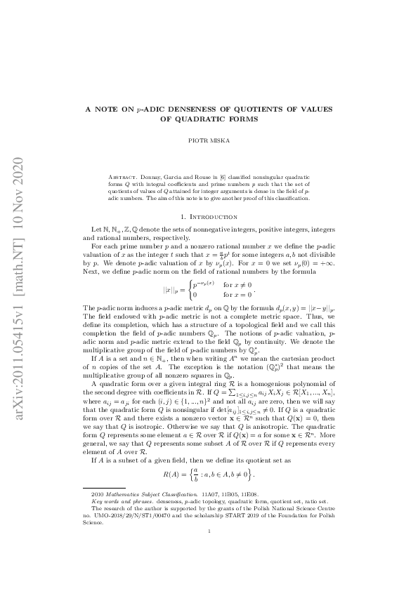 (PDF) A note on $p$-adic denseness of quotients of values of quadratic forms