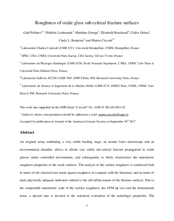 (PDF) Roughness of oxide glass sub-critical fracture surfaces