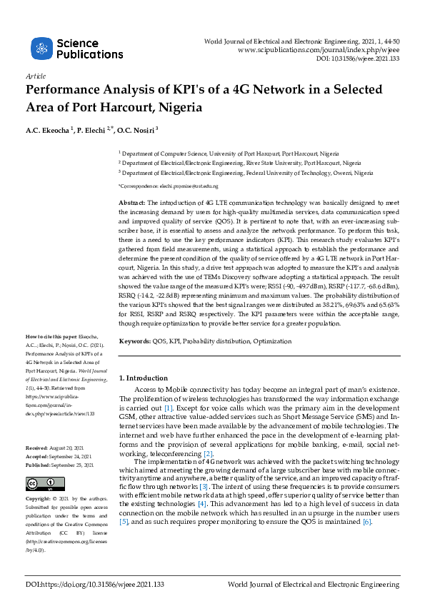 (PDF) Performance Analysis of KPI's of a 4G Network in a Selected Area of Port Harcourt, Nigeria