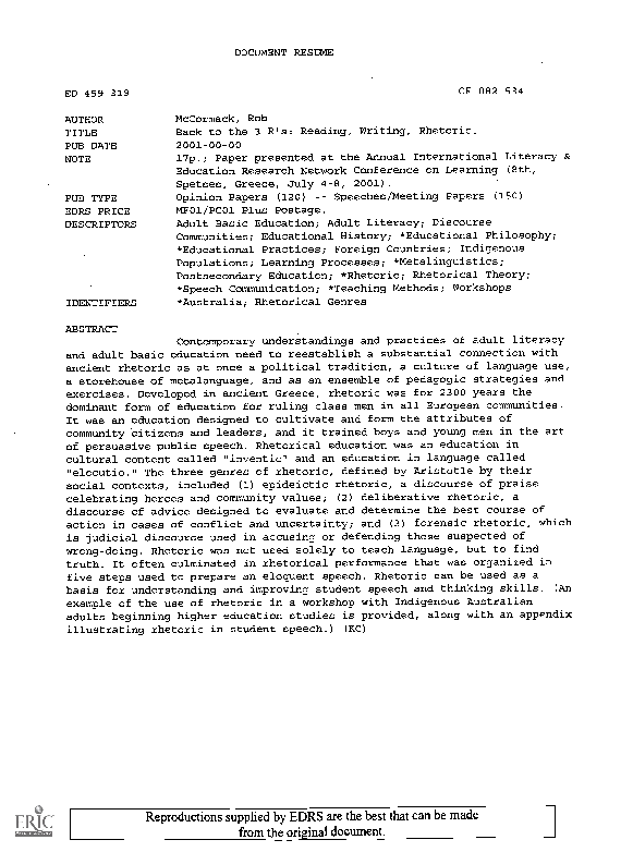 (PDF) Back to the 3 R’s: Reading, Writing, Rhetoric