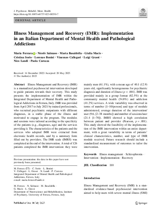 (PDF) Illness Management and Recovery (IMR): Implementation in an ...