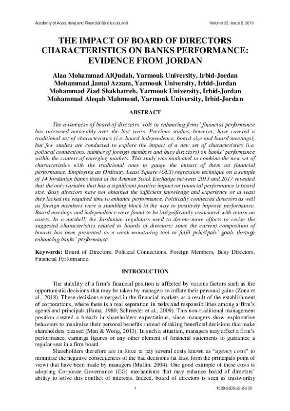 (PDF) The Impact of Board of Directors Characteristics on Banks Performance: Evidence from Jordan