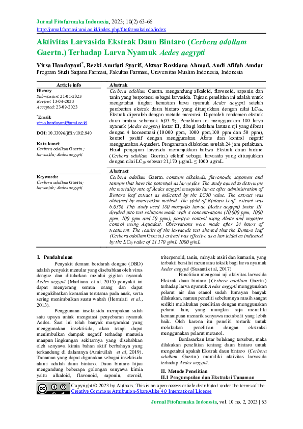(PDF) Aktivitas Larvasida Ekstrak Daun Bintaro (Cerbera odollam Gaertn ...