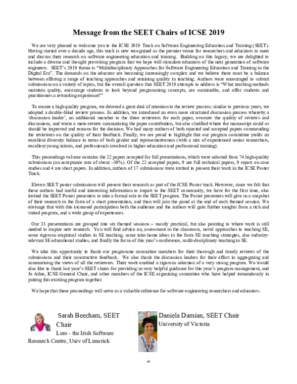 (PDF) Message from the SEET Chairs of ICSE 2019
