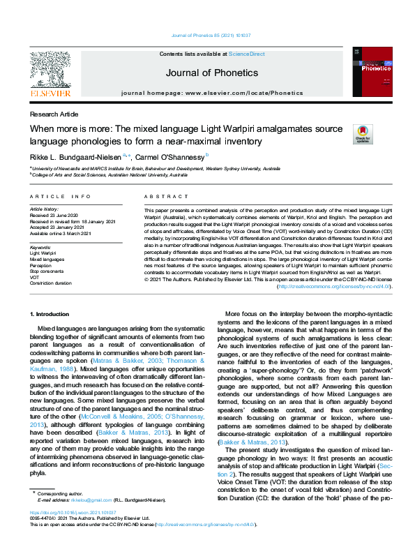(PDF) When more is more: The mixed language Light Warlpiri amalgamates ...