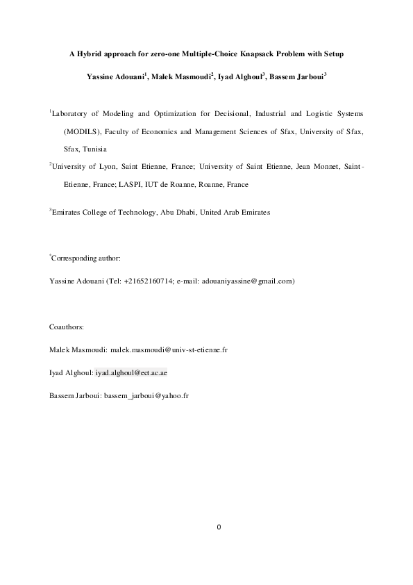 Pdf A Hybrid Approach For Zero One Multiple Choice Knapsack Problem With Setup 6815