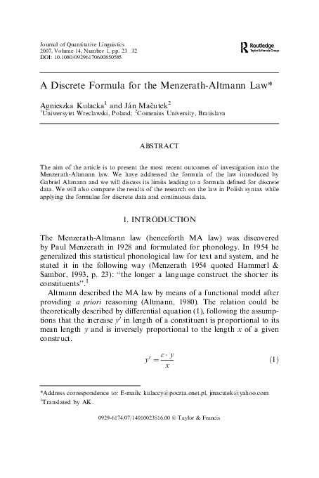 (PDF) A discrete formula for the Menzerath-Altmann law*